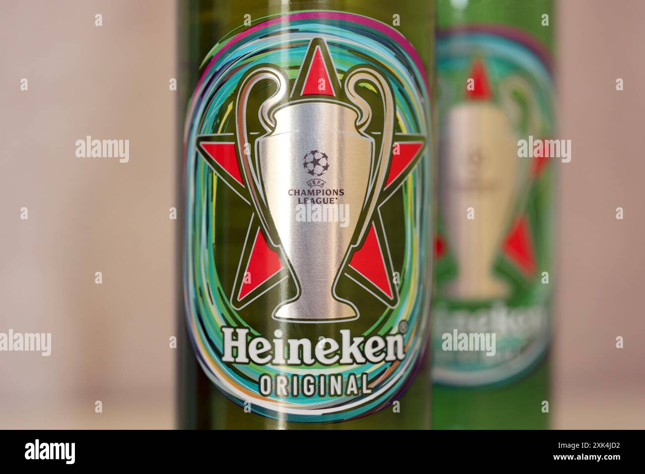 KYIV, UKRAINE - JULY 10, 2024 Bottle of Heineken beer close up. Special ...