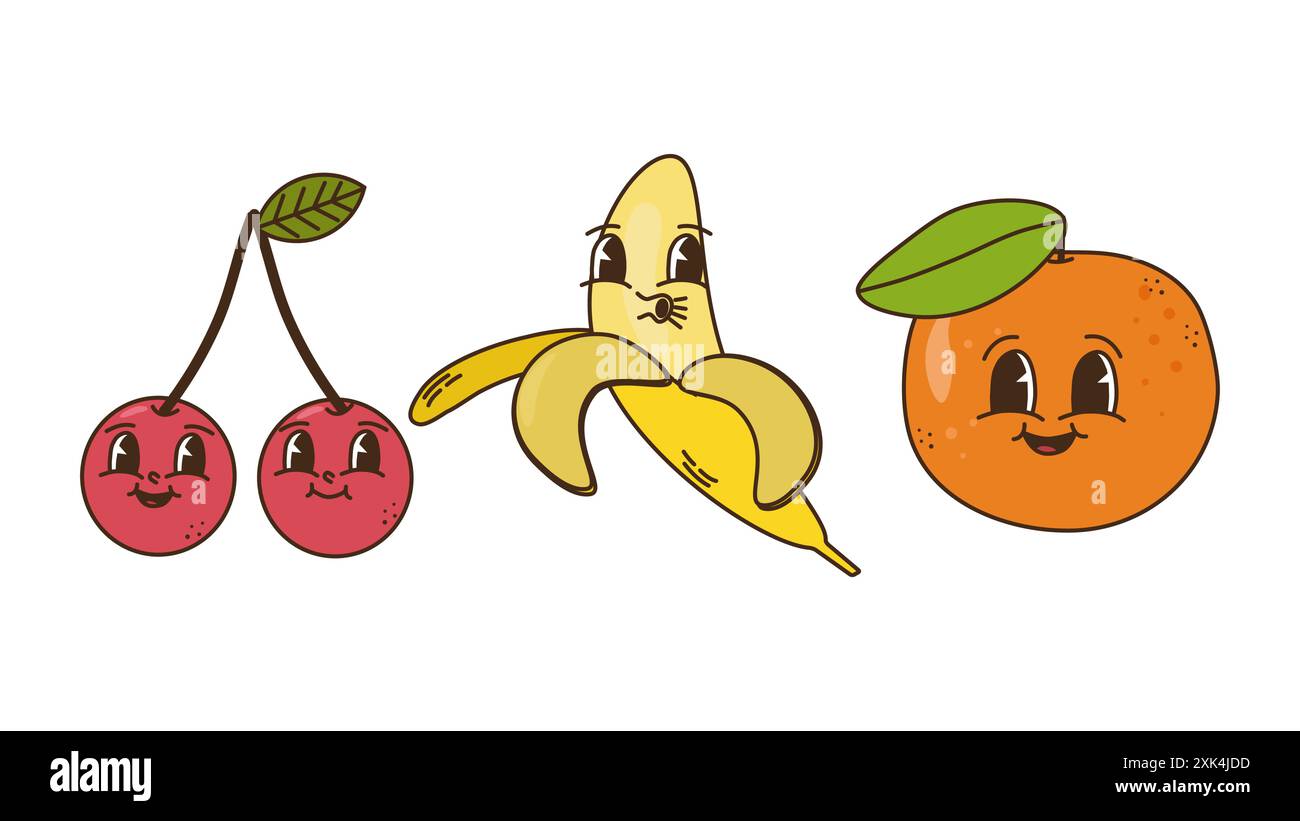 Fruits and berries in groovy style set. Characters trendy retro, comic ...