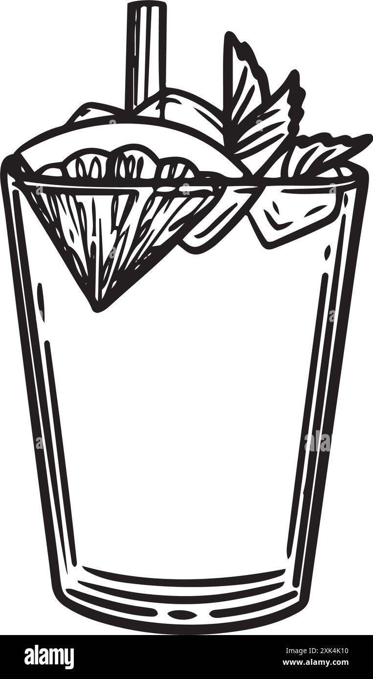 Lime and ice cocktail drink line drawing isolated on white background ...