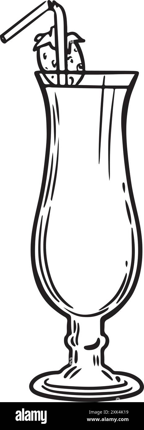 Strawberry sweet summer beach cocktail line drawing vector illustration ...