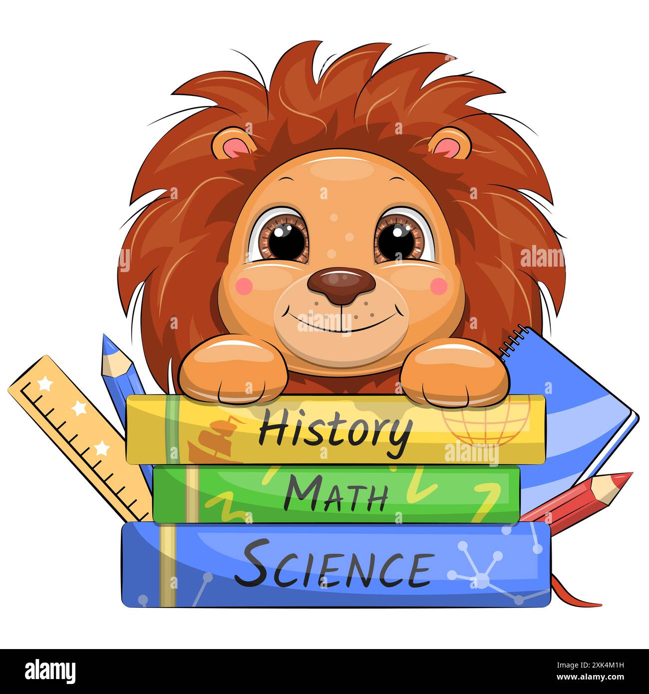 Cute cartoon lion with school books, pencils, notebook and measuring ...