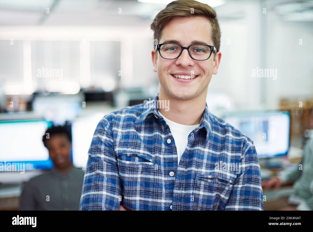 Portrait, smile and man with glasses, office and proud of startup ...