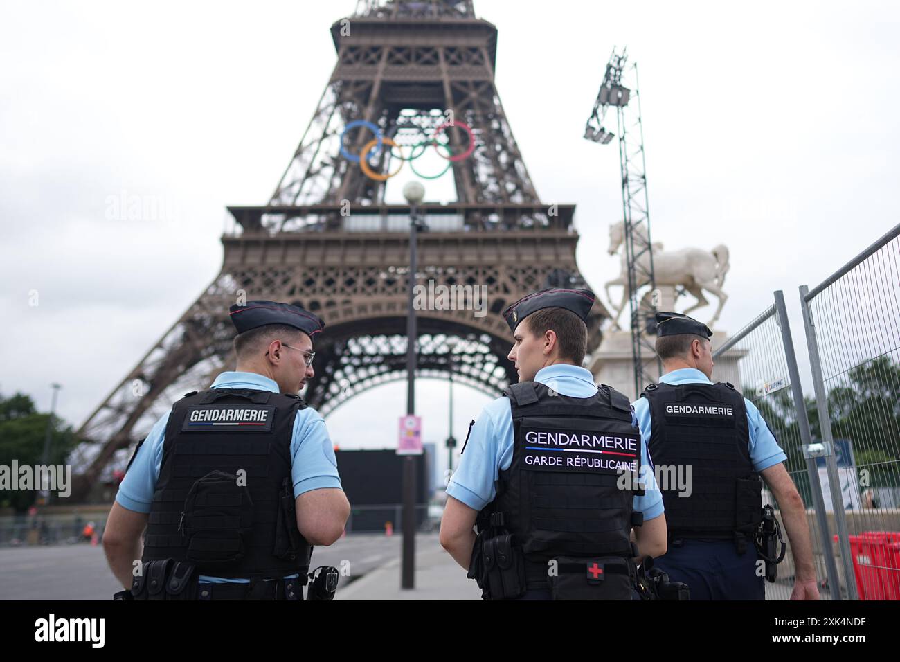 Paris, France. 21st July, 2024. Before the Summer Olympics, Paris 2024, police officers walk ...