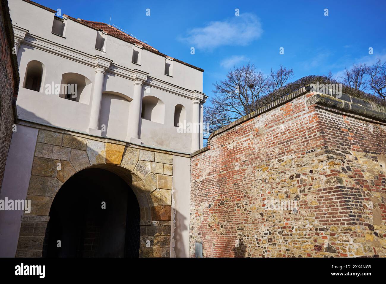 Entrance gate to the Vysehrad historic fort on the east bank of the ...