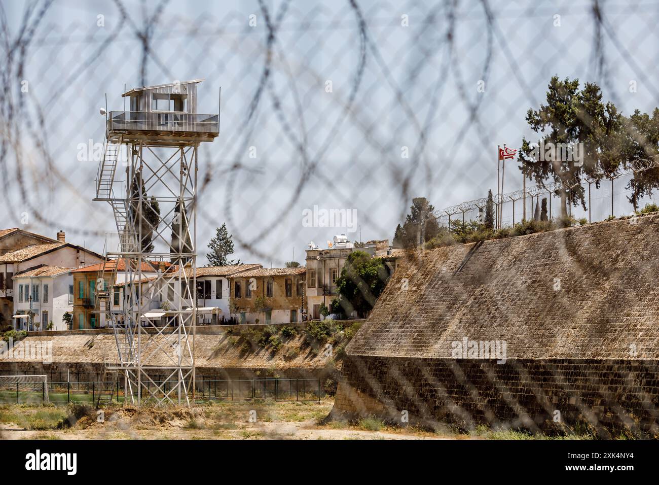 A UN outpost is seen inside the buffer zone with the flags of Turkey ...