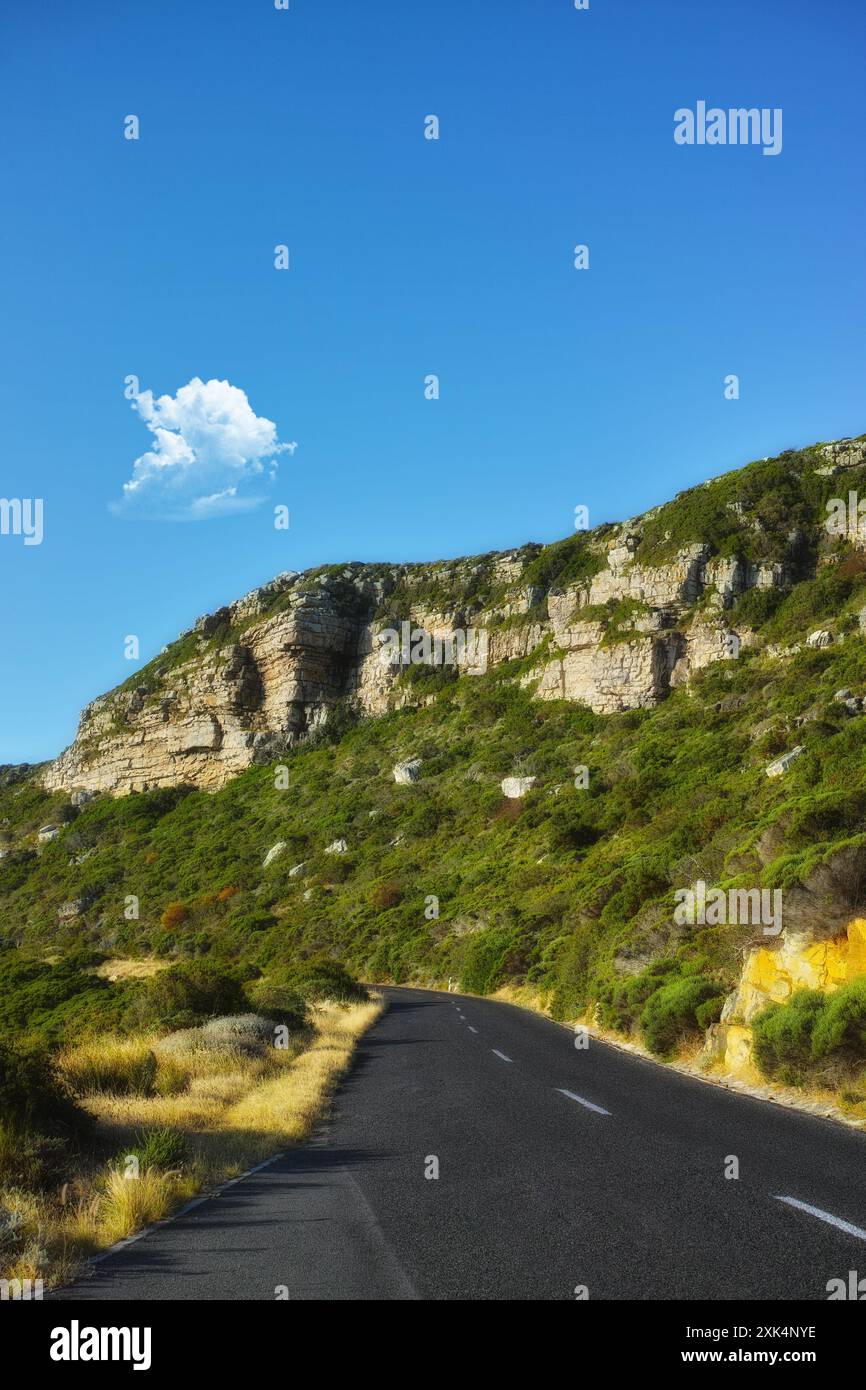 Road, nature and pathway to travel, mountain and peace in environment ...