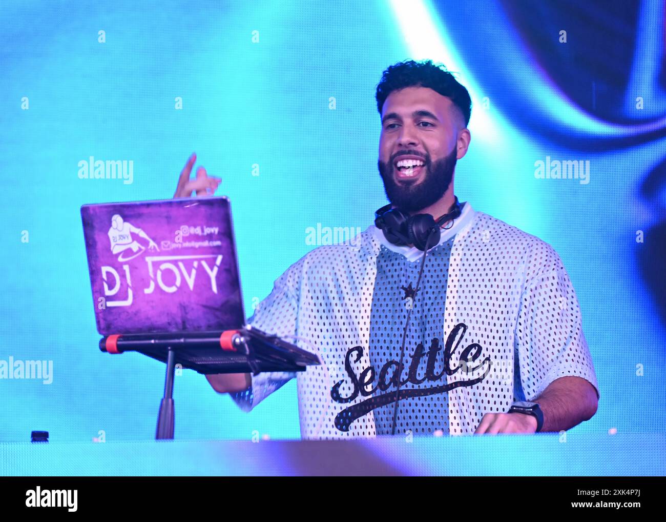 LONDON, ENGLAND - JULY 20 2024: DJ Jovy performs at the Latino ...