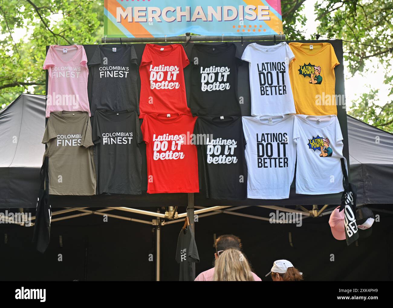 LONDON, ENGLAND - JULY 20 2024: Merchandise stall at Latino Life in the ...