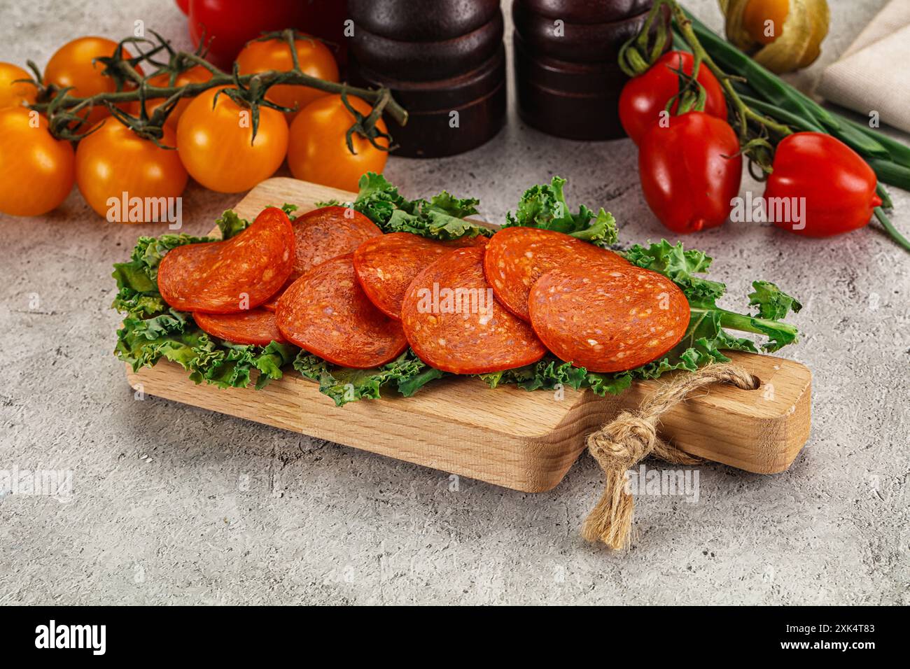 Spanish salami cured chorizo sausage slices Stock Photo - Alamy