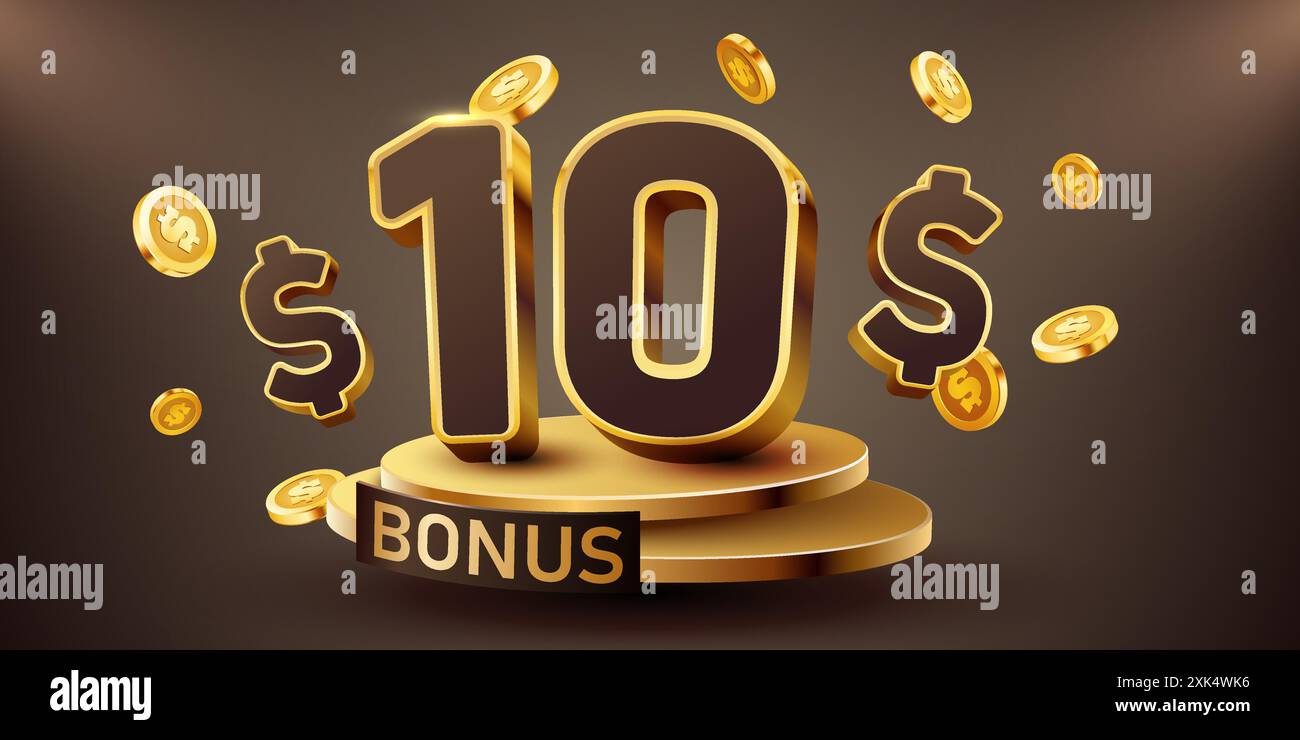 10 dollars bonus with podium and falling golden coins. Cashback or ...