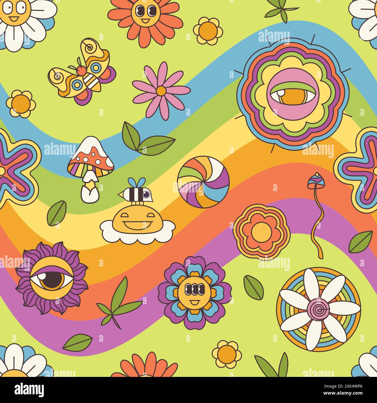 Groovy psychedelic summer flowers and wavy rainbow lines seamless ...