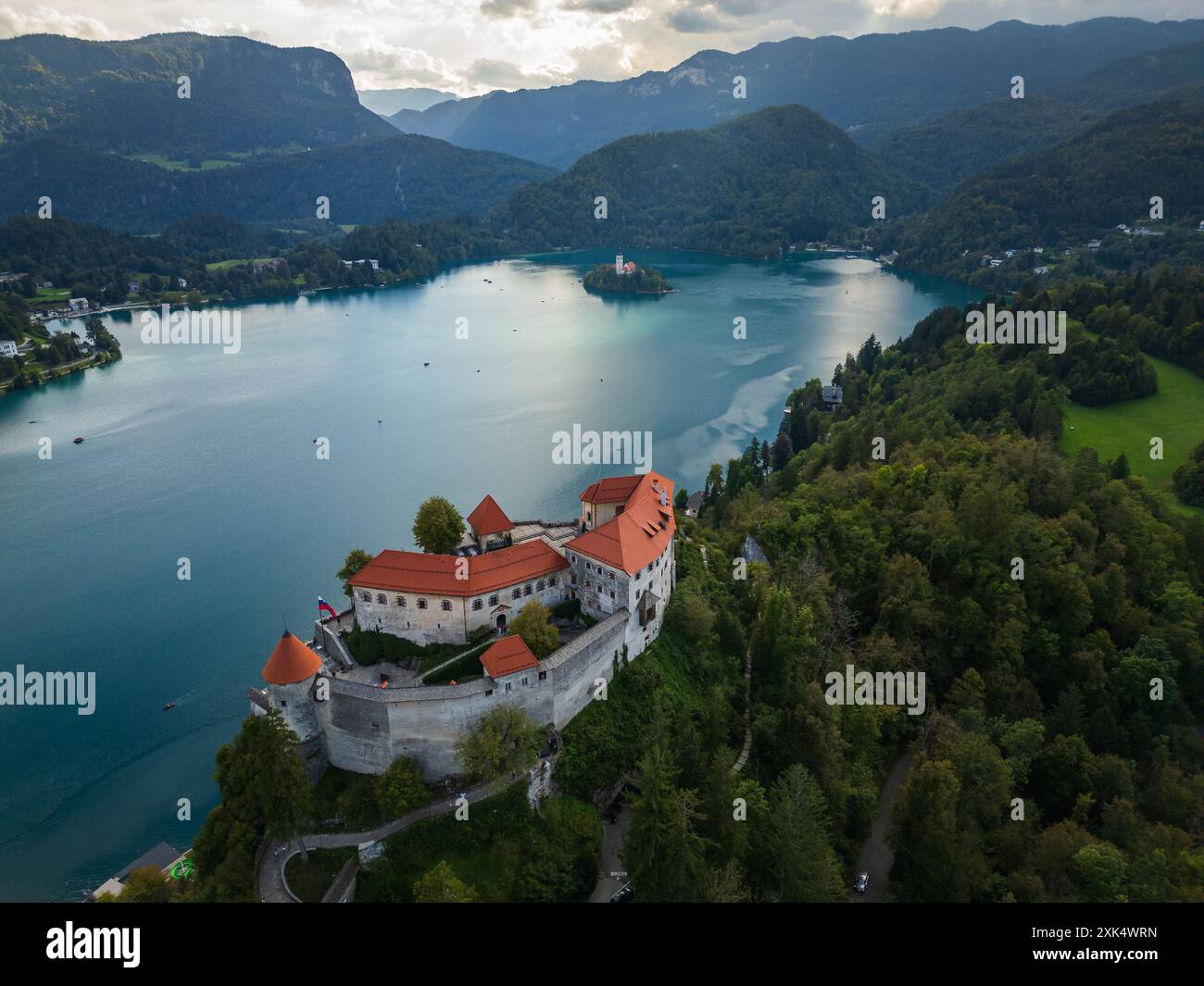 Drone shot flying. Slovenia. Bled Castle. Lake Bled Stock Photo - Alamy