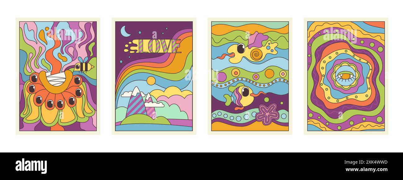 Groovy cartoon psychedelic wall art posters set. Funny retro landscape ...
