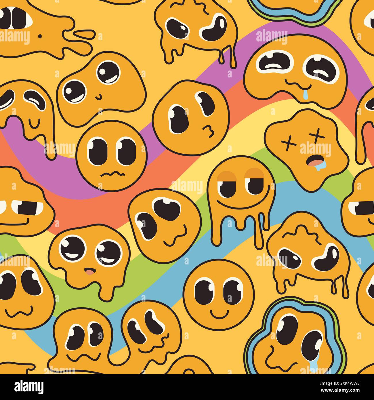 Groovy cartoon psychedelic seamless pattern with distorted yellow emoji on rainbow waves. Funny ...