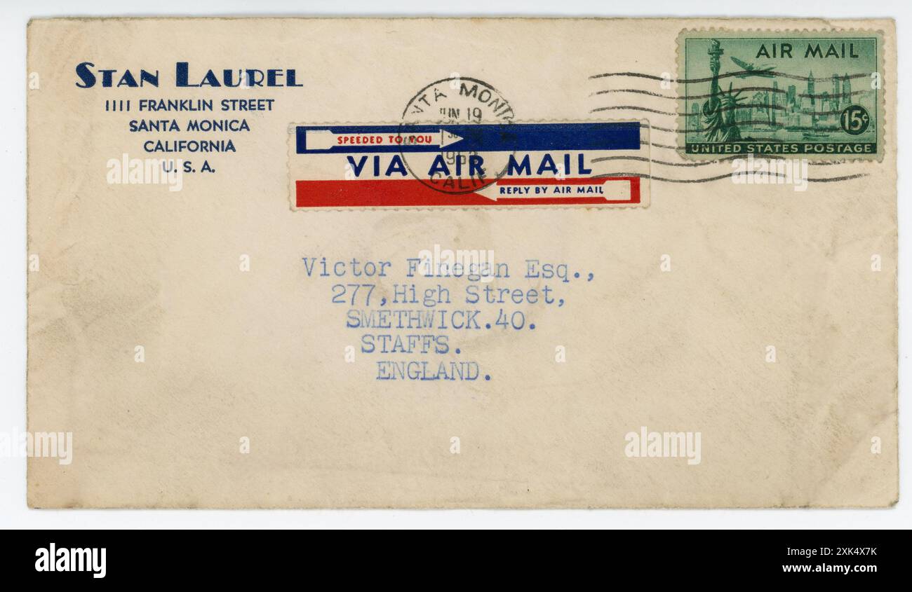 Front of STAN LAUREL envelope franked June 19th 1953 sent from his ...