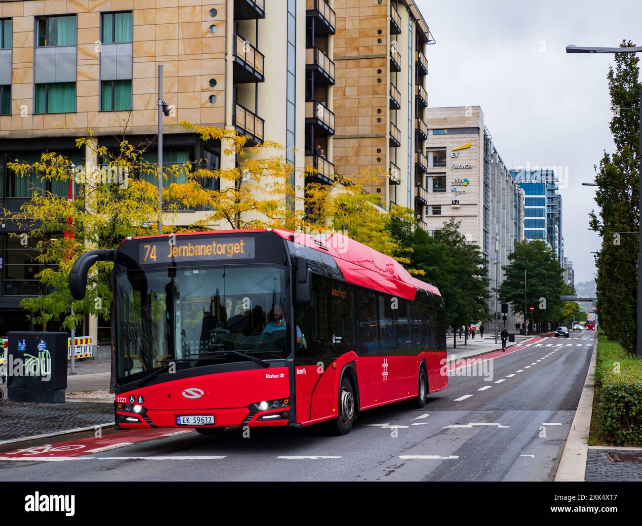 Oslo, Norway - Sep, 2022: Red bus on the Dronning Eufemias gate street ...