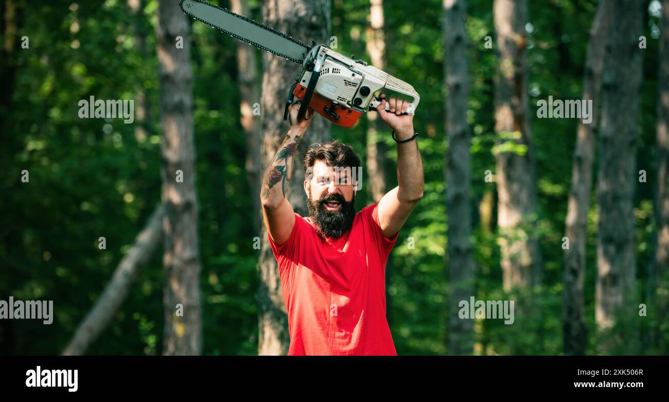 Lumberjack with chainsaw in his hands. Lumberjack holding the chainsaw ...