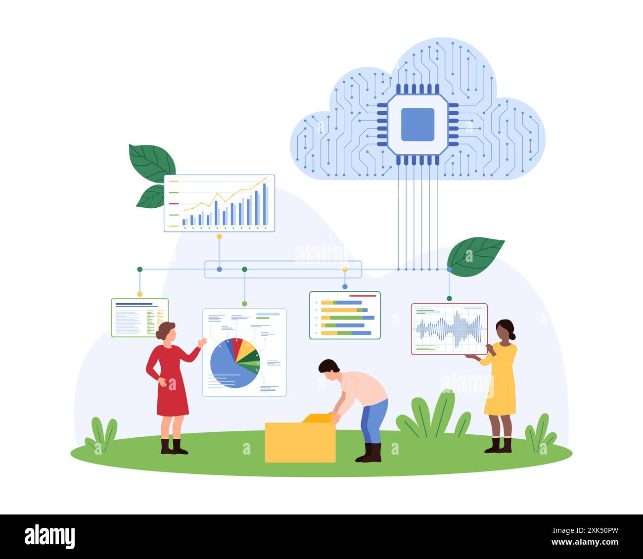 Big data analysis with cloud smart service. Tiny people analyze graphs report, pie chart in ...