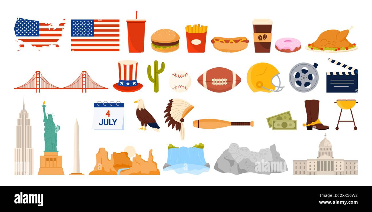 Travel to United States of America set. American culture and heritage ...