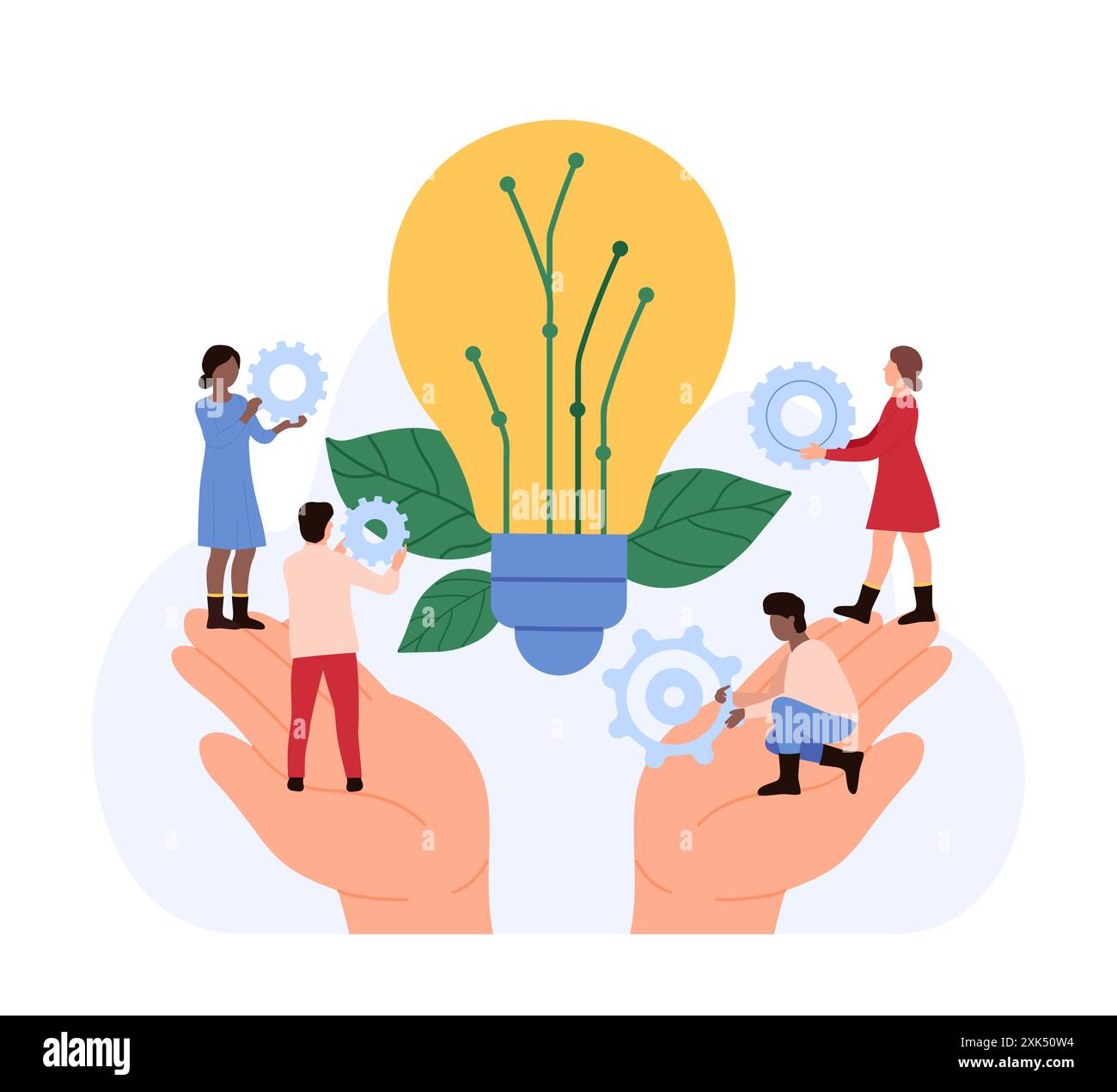 nnovators standing on large hands, holding gears, and working together ...