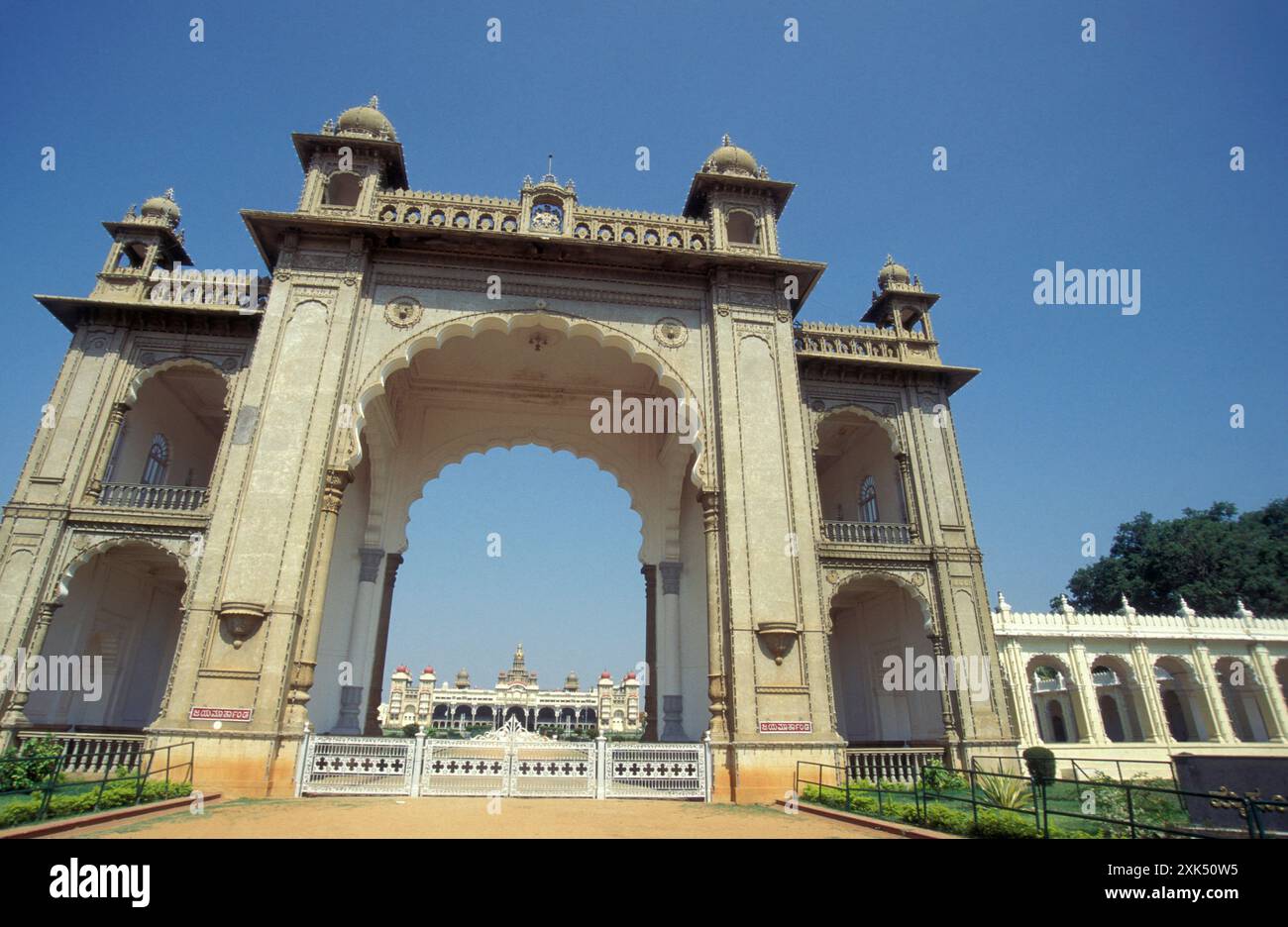 the gate of Mysore Palace or Amba Vilas Palace in the city of Mysore in ...