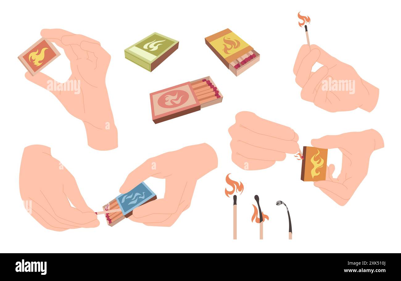Hands with different gestures to light matches set. Human fingers hold ...