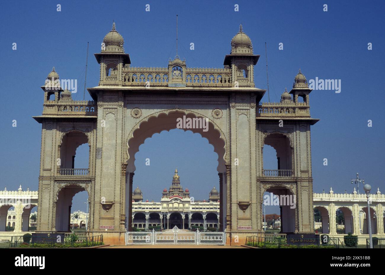 the gate of Mysore Palace or Amba Vilas Palace in the city of Mysore in ...