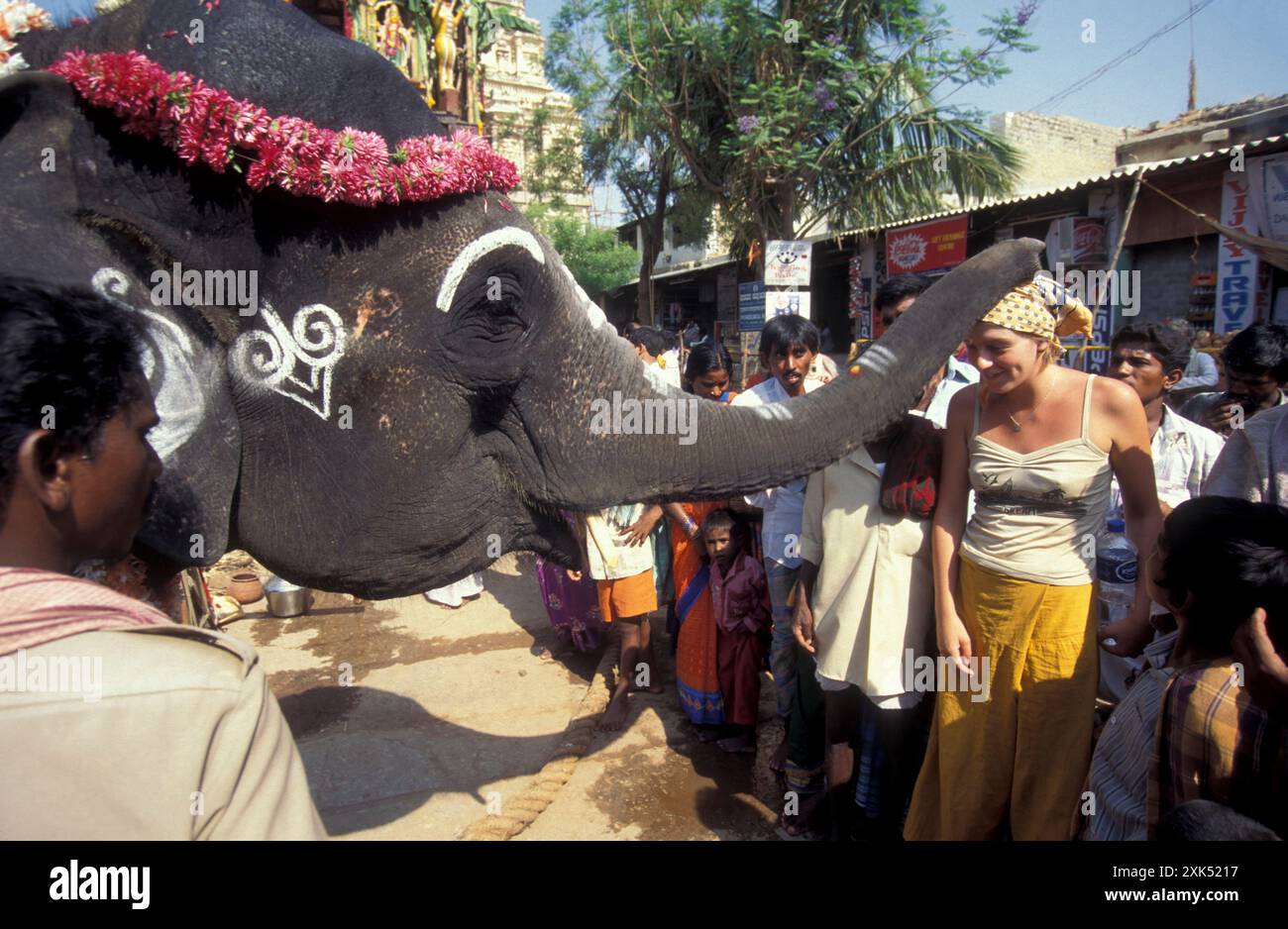 a elephant ceremony at the Holi Hindu Temple Festival at the Virupaksha ...