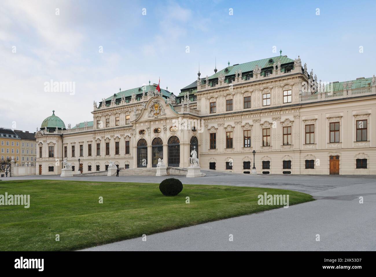 upper Belvedere Palace - southern side. Green lawn near three-storey ...