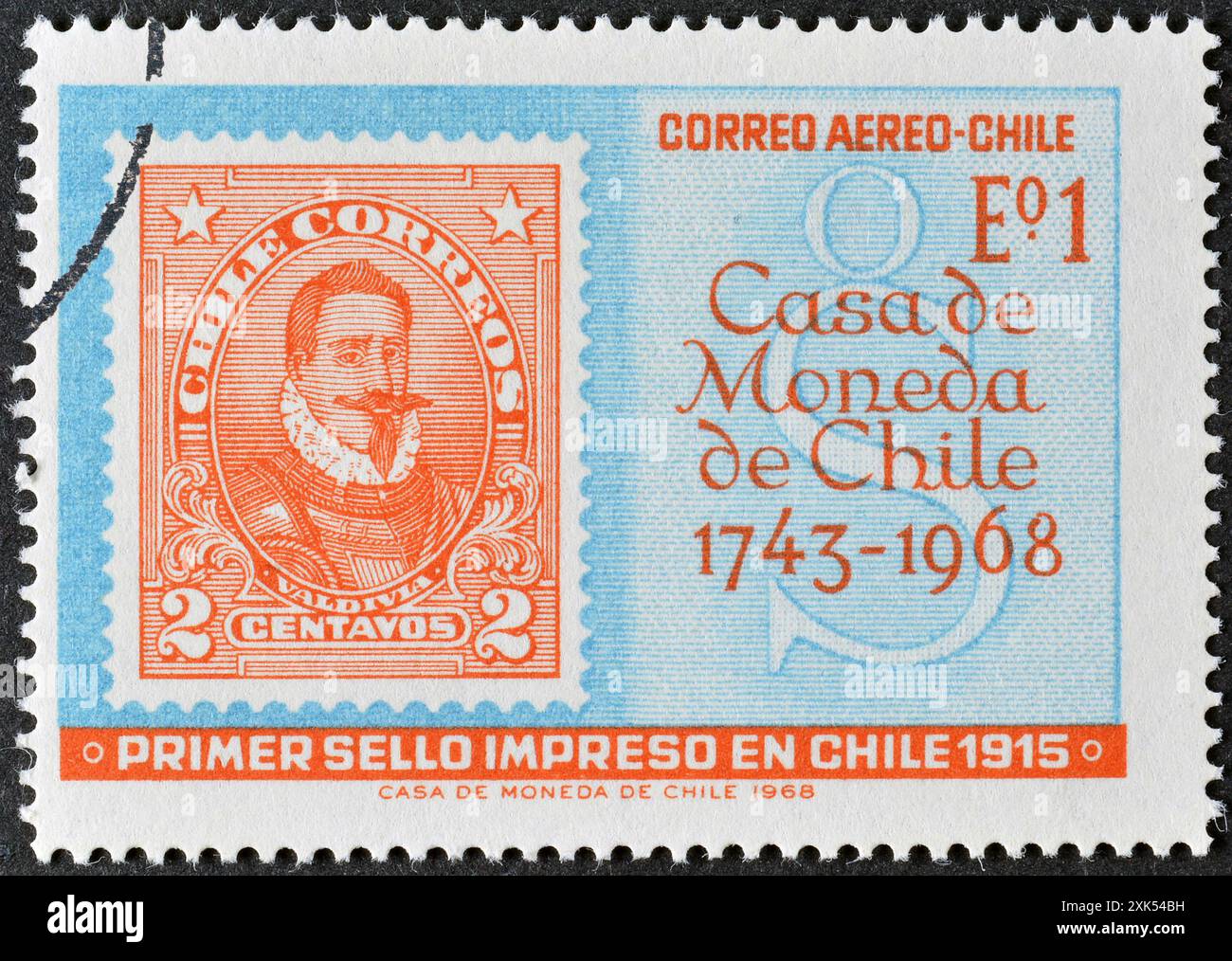 Cancelled postage stamp printed by Chile, that shows Valdivia stamp ...