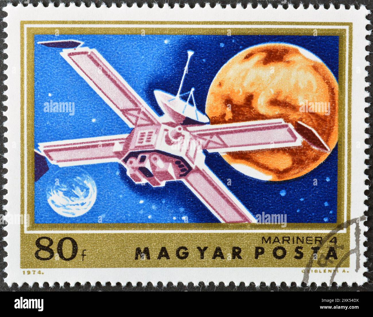 Cancelled postage stamp printed by Hungary, that shows "Mariner 4 ...