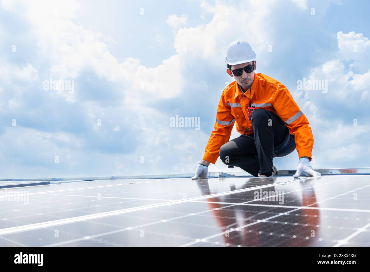 Professional Engineer Service Solar Panel. Worker Maintenance Cleaning ...