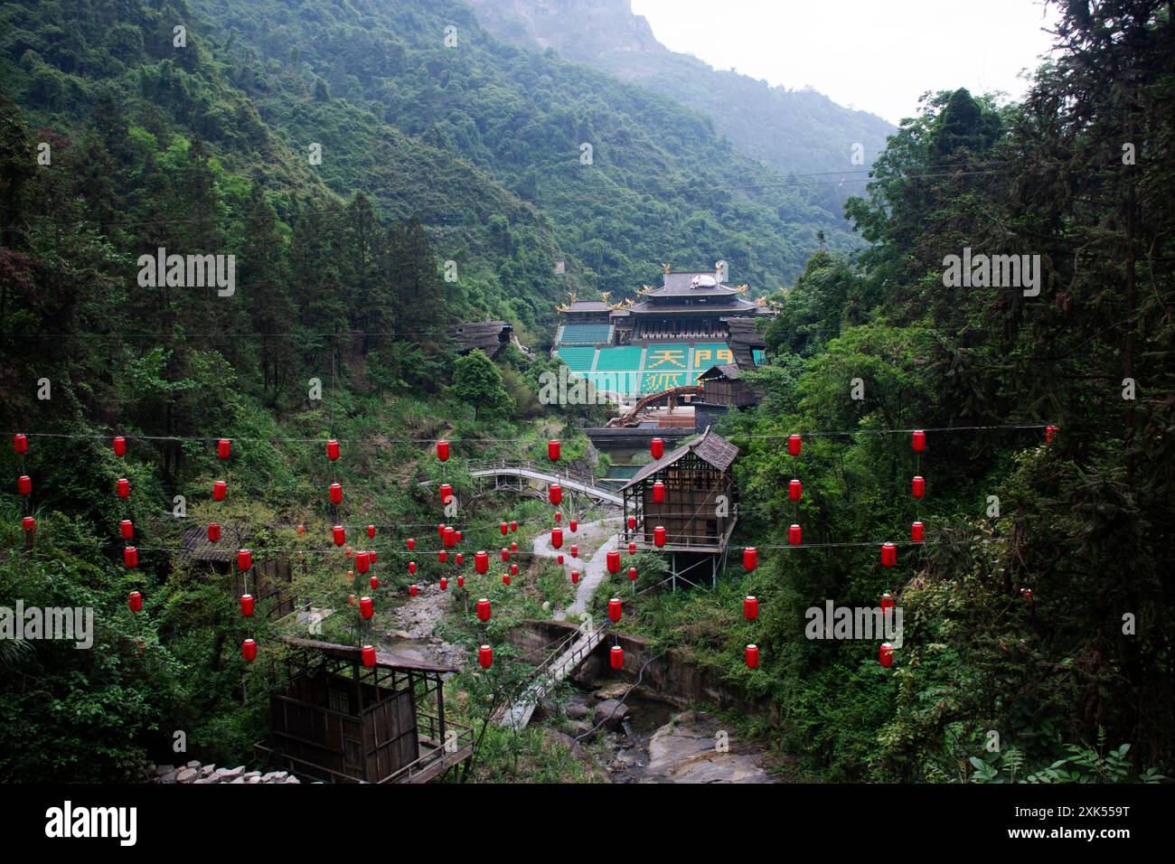 View landscape Tianmen Mountain with antique building architecture of ...