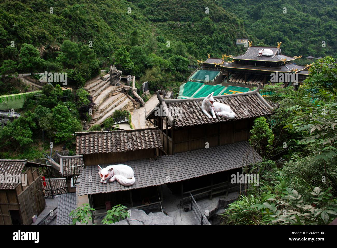 White fox statue on antique building architecture of stage theater ...