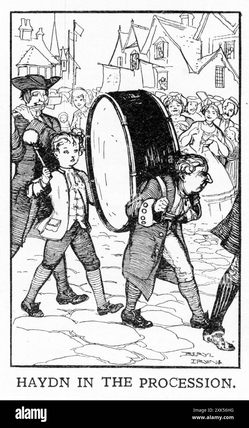 Engraving of young Haydn beating a drum in the street procession Stock ...