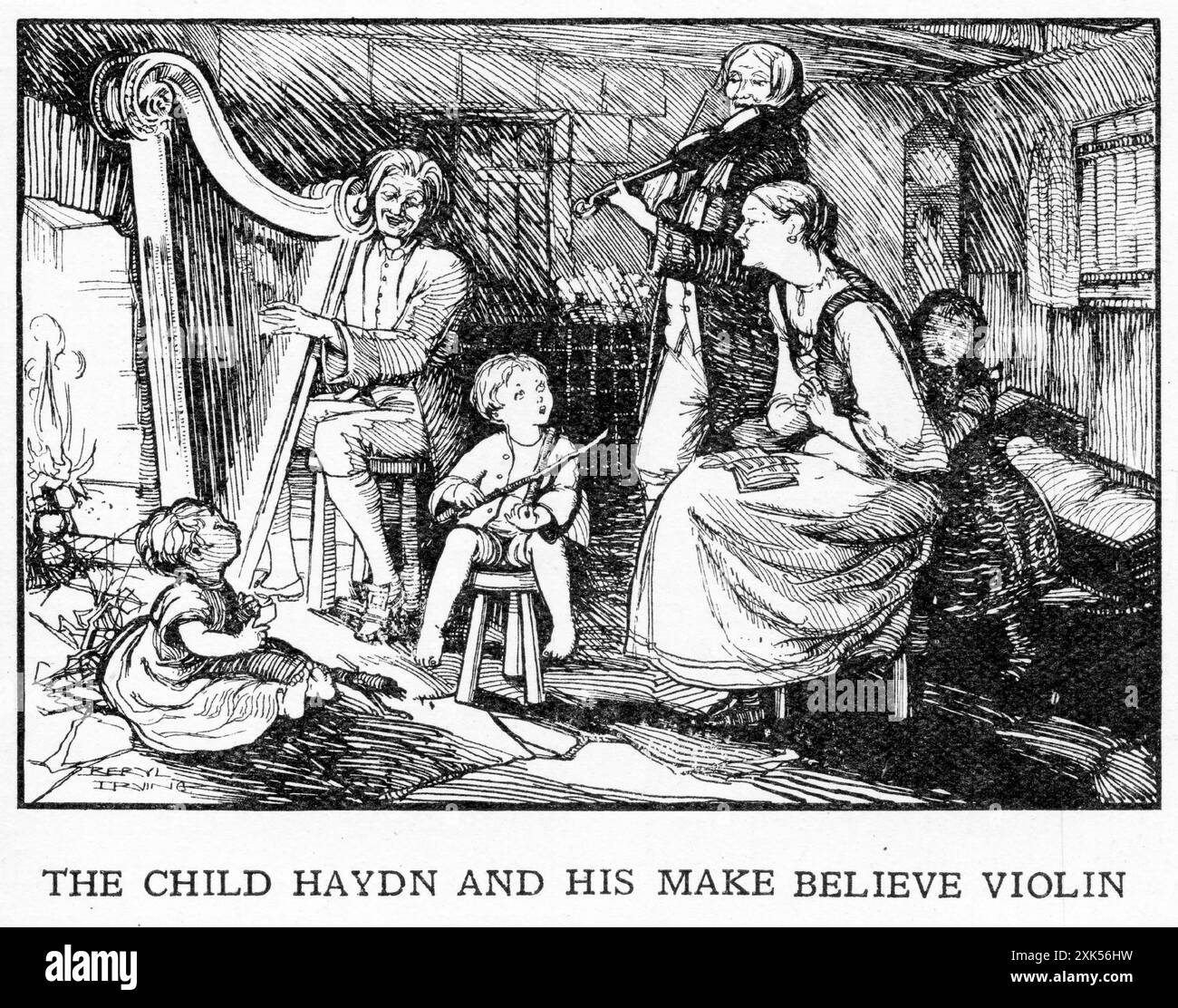 Engraving of the child Haydn and his make believe violin Stock Photo ...