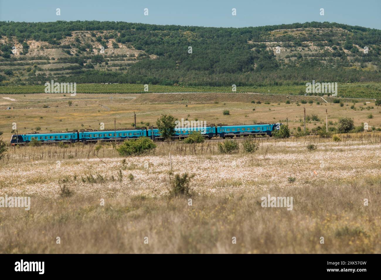 A train is traveling through a field of grass. The train is blue and ...
