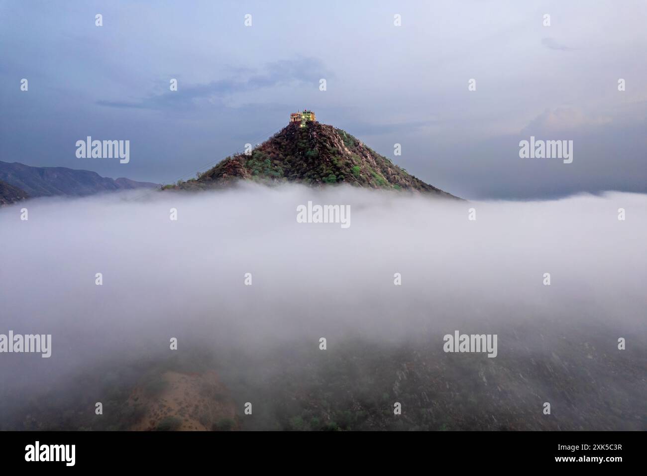 Aerial drone orbit shot Savitri Mata mother mandir temple perched at ...