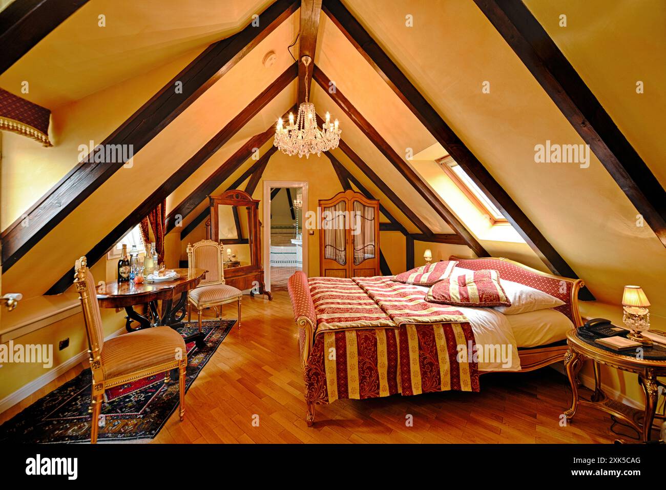 An attic hotel room in the new old town quarter of Prague in a ...