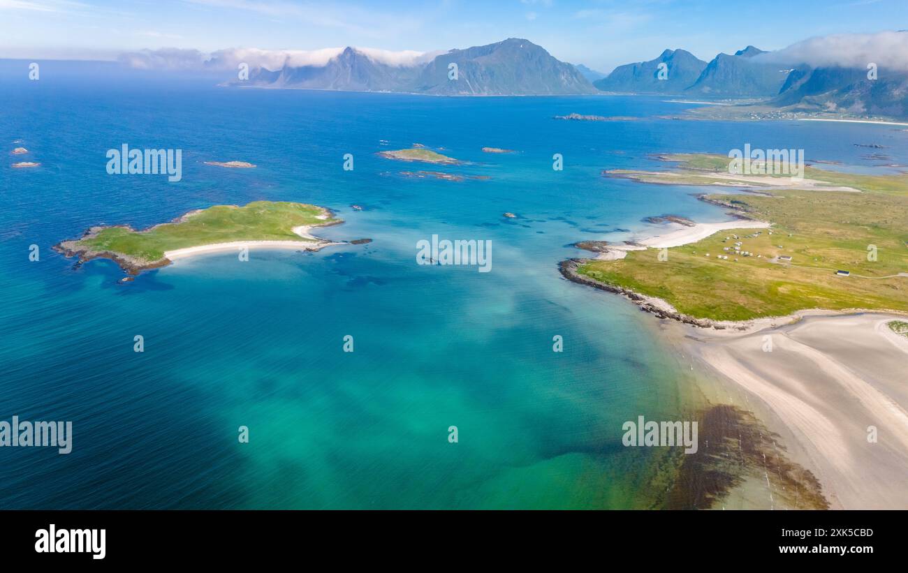 A breathtaking aerial view of a Norwegian archipelago, showcasing the ...