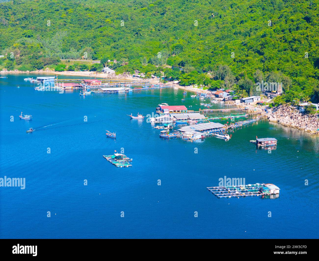 Aerial view of the lobster feeding farms, float fishing village in Vung ...