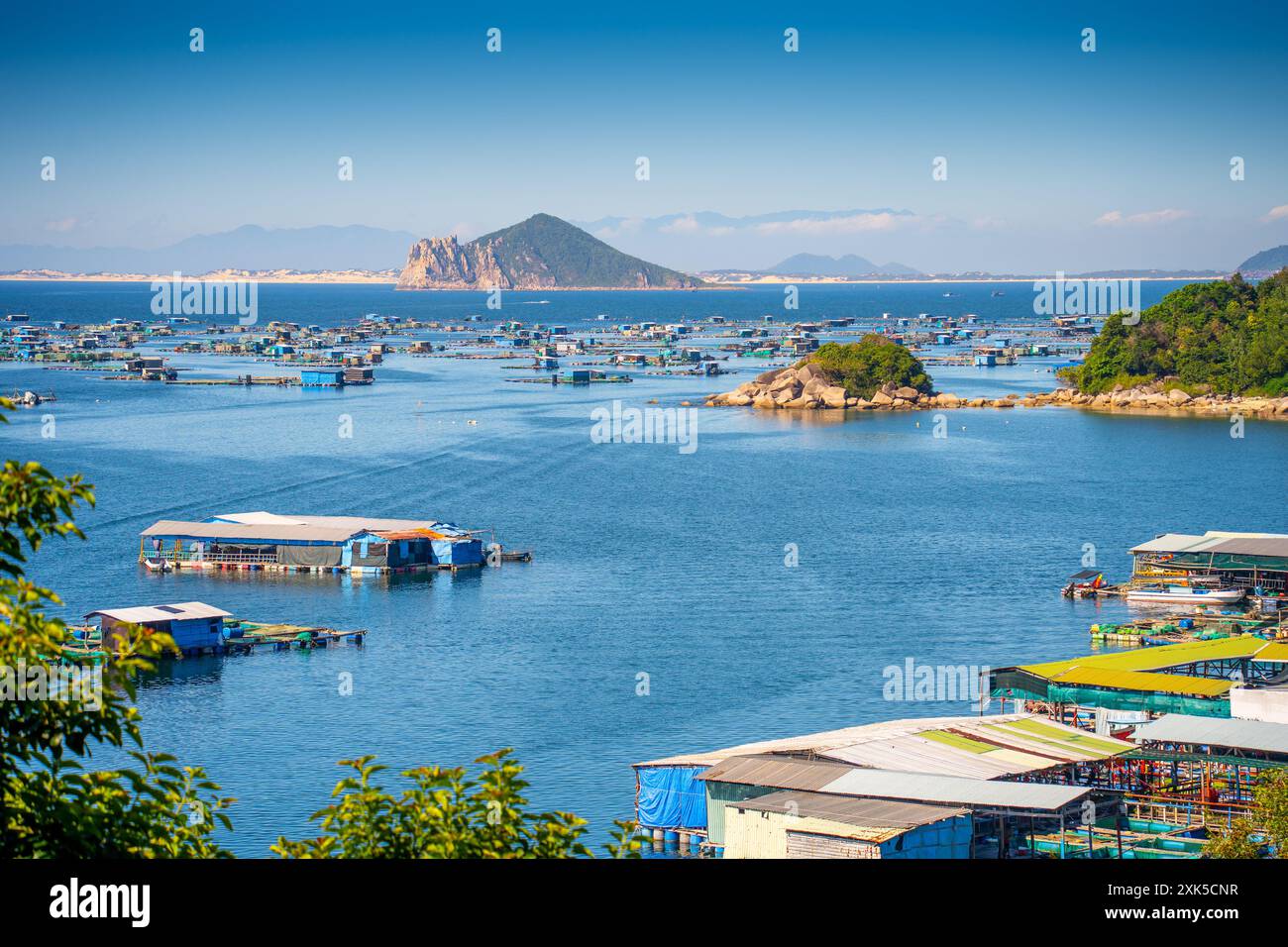 Aerial view of the lobster feeding farms, float fishing village in Vung ...