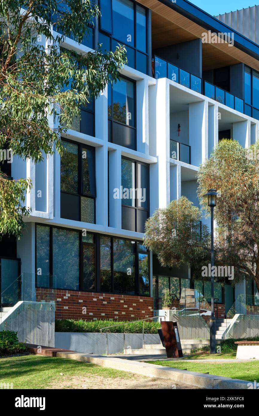 Modern apartments with trees outside in the urban development precinct ...