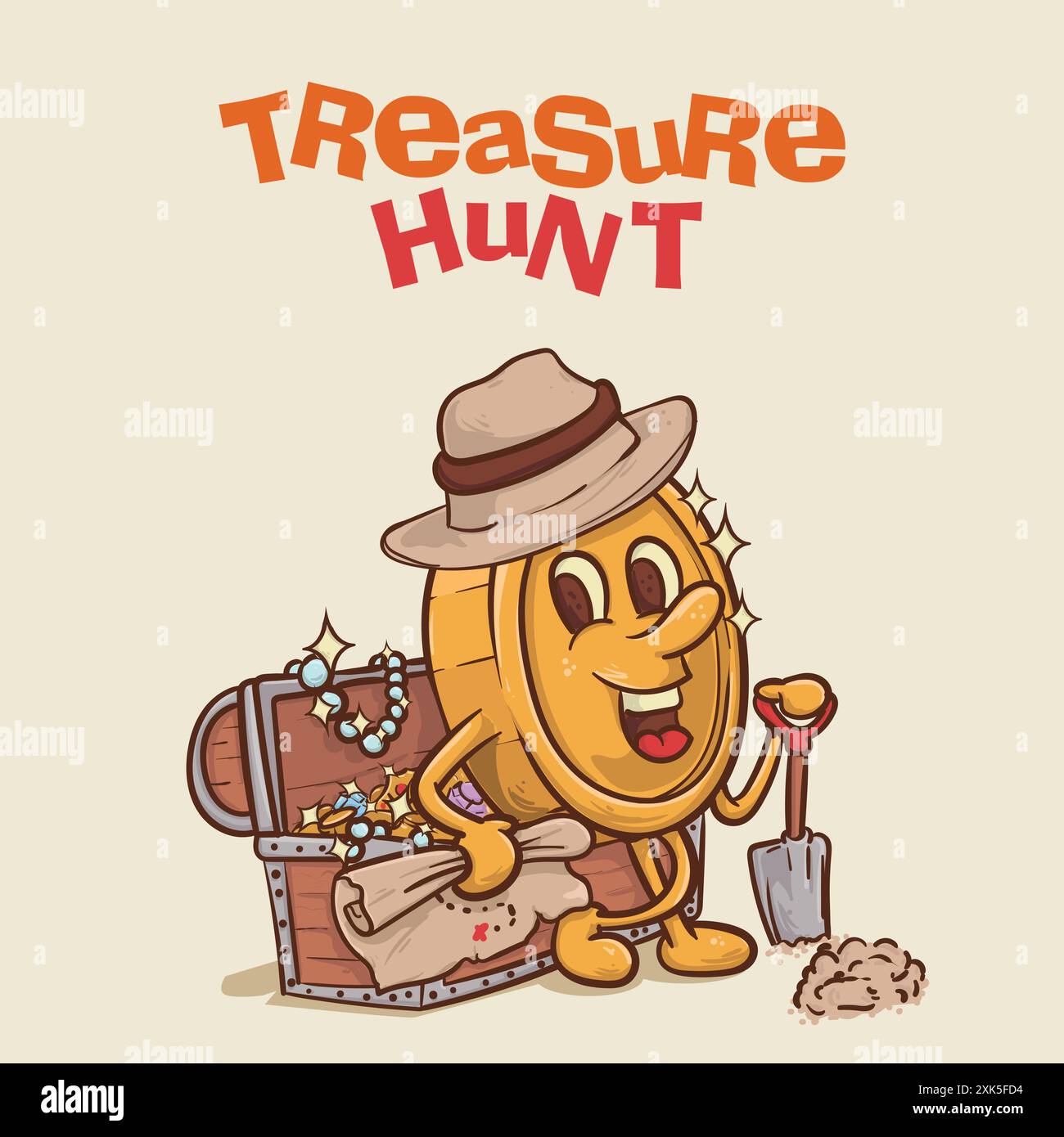 treasure hut concept. shine coin mascot with face find treasure concept ...
