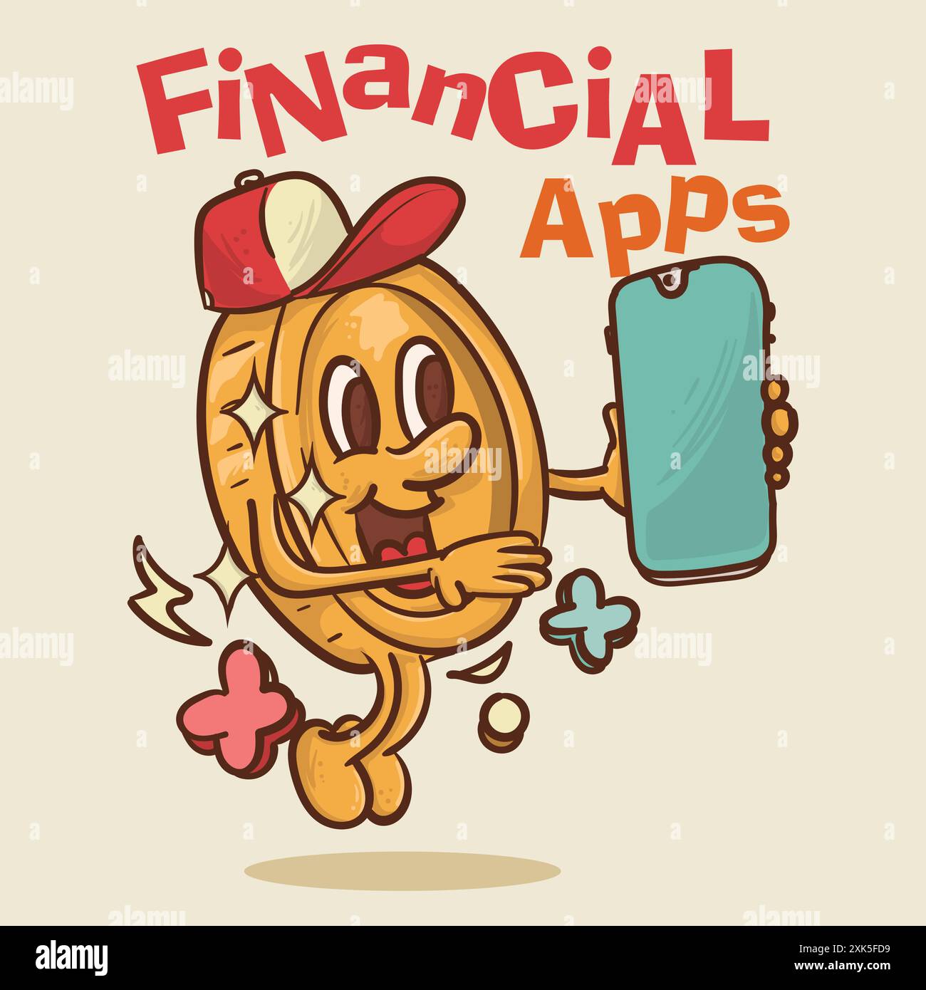 financial apps concept. shine coin mascot with face holding smartphone ...