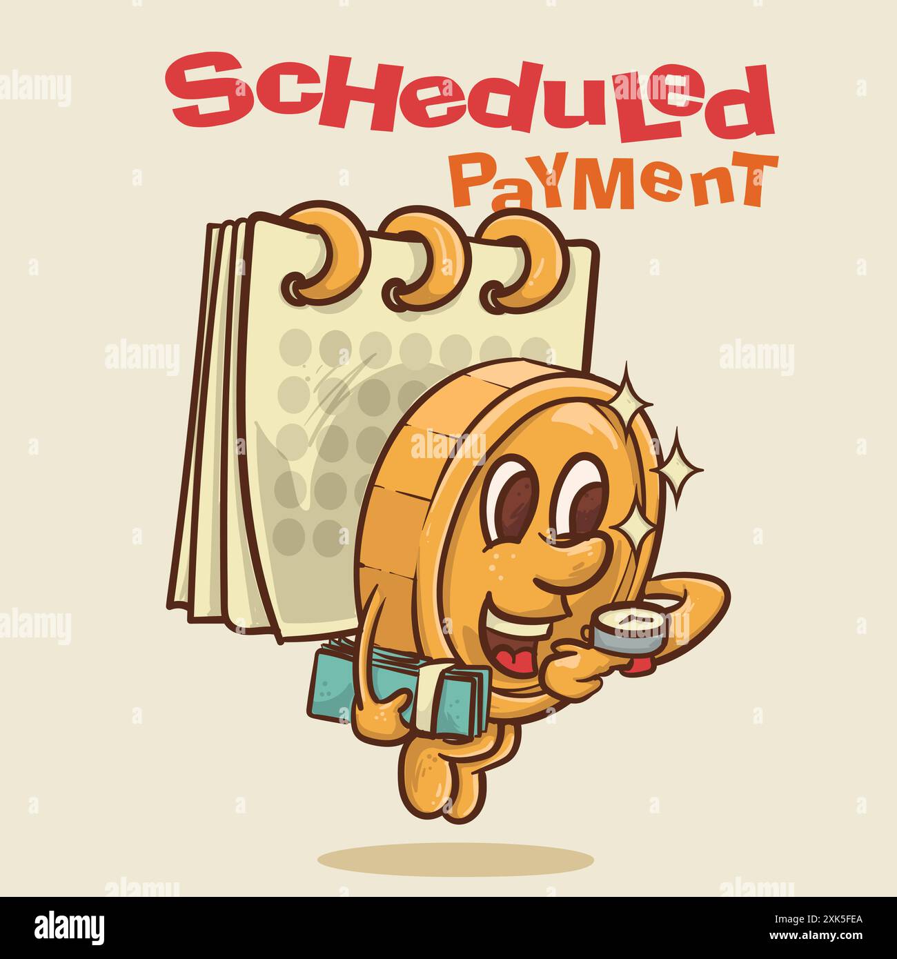 scheduled payment concept. shine coin mascot with fave looking watch ...