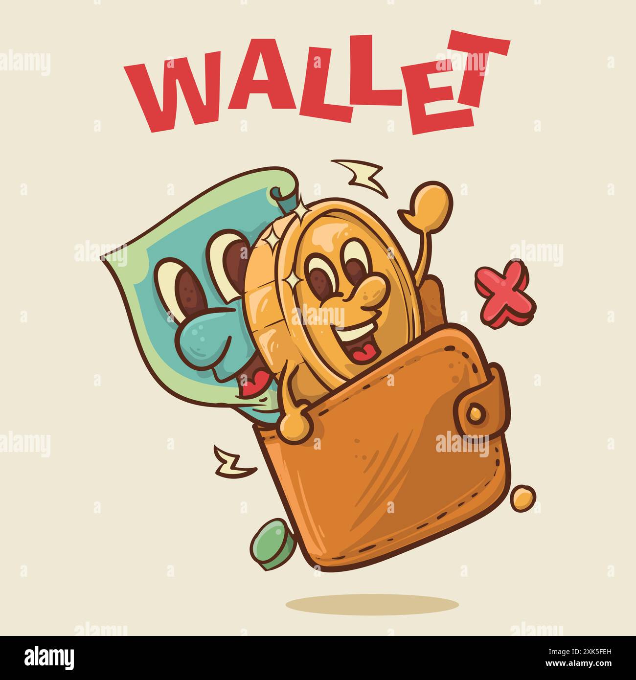 wallet concept. shine coin mascot with face and papermoney comes out ...