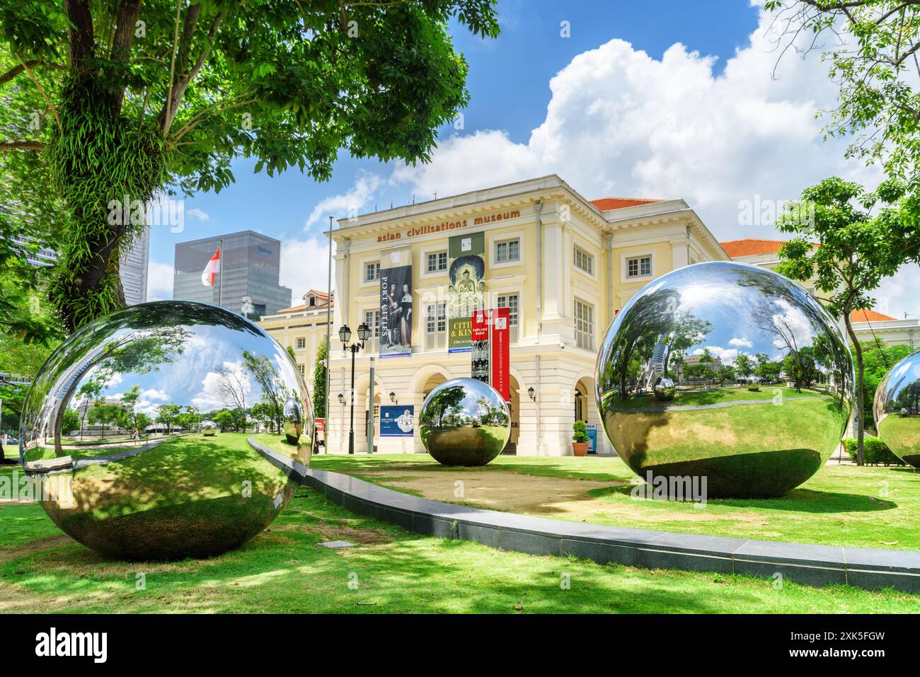 Amazing large mirror balls in Singapore. Street art objects Stock Photo ...