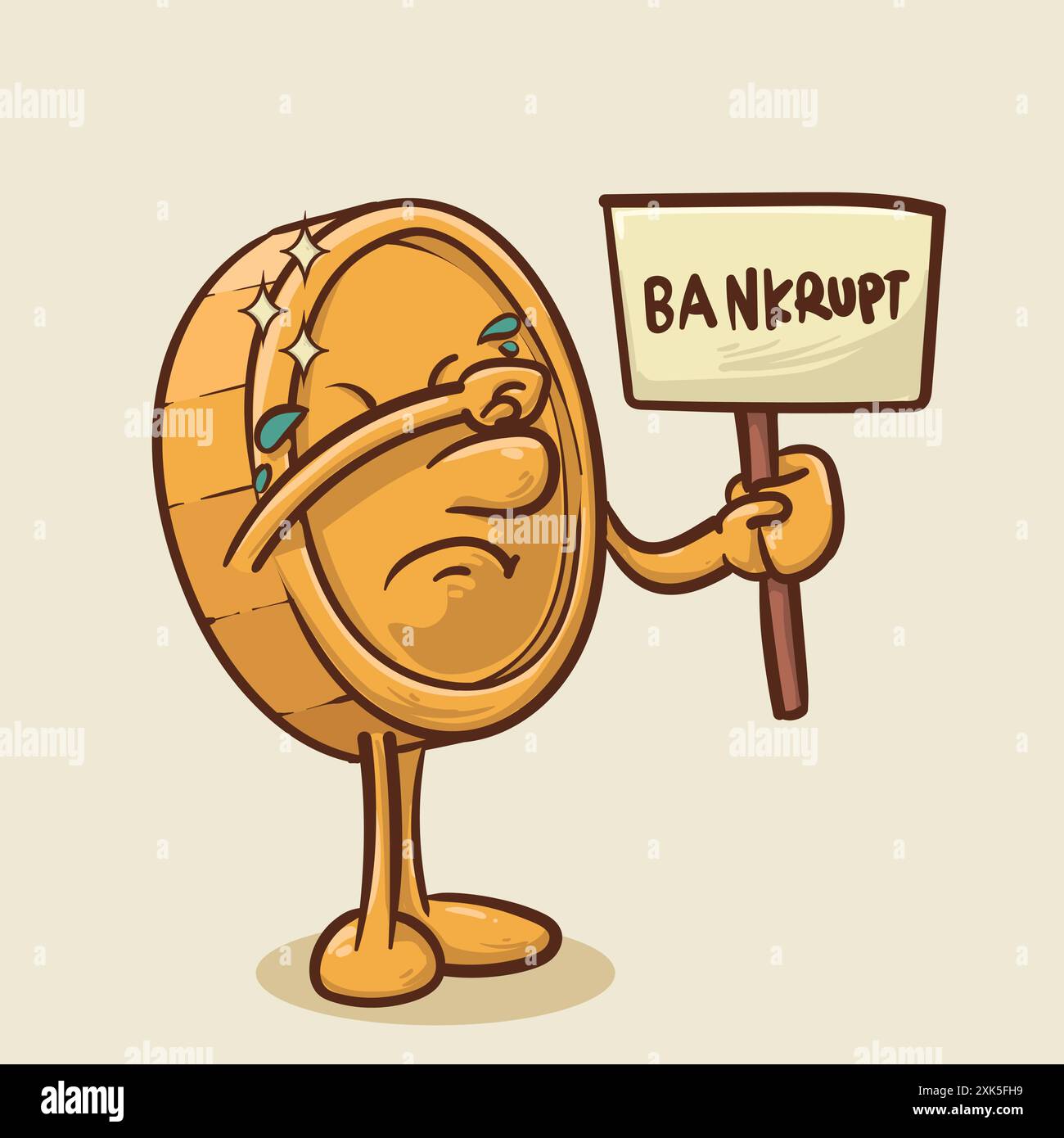 bankrupt concept.shine coin mascot with face sad crying holding ...