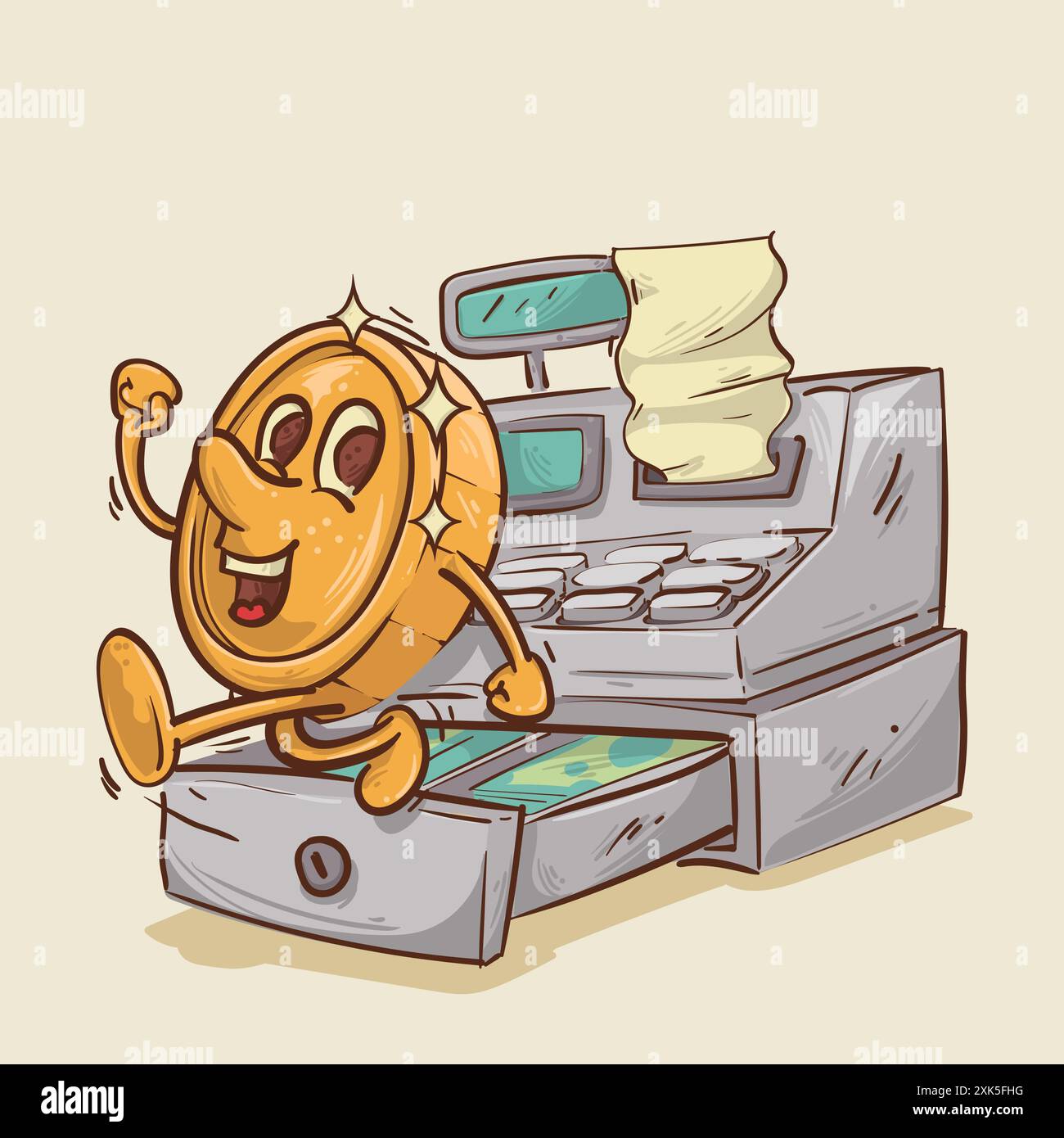 cash out concpet. shinny coin mascot with face jumps out form cash ...